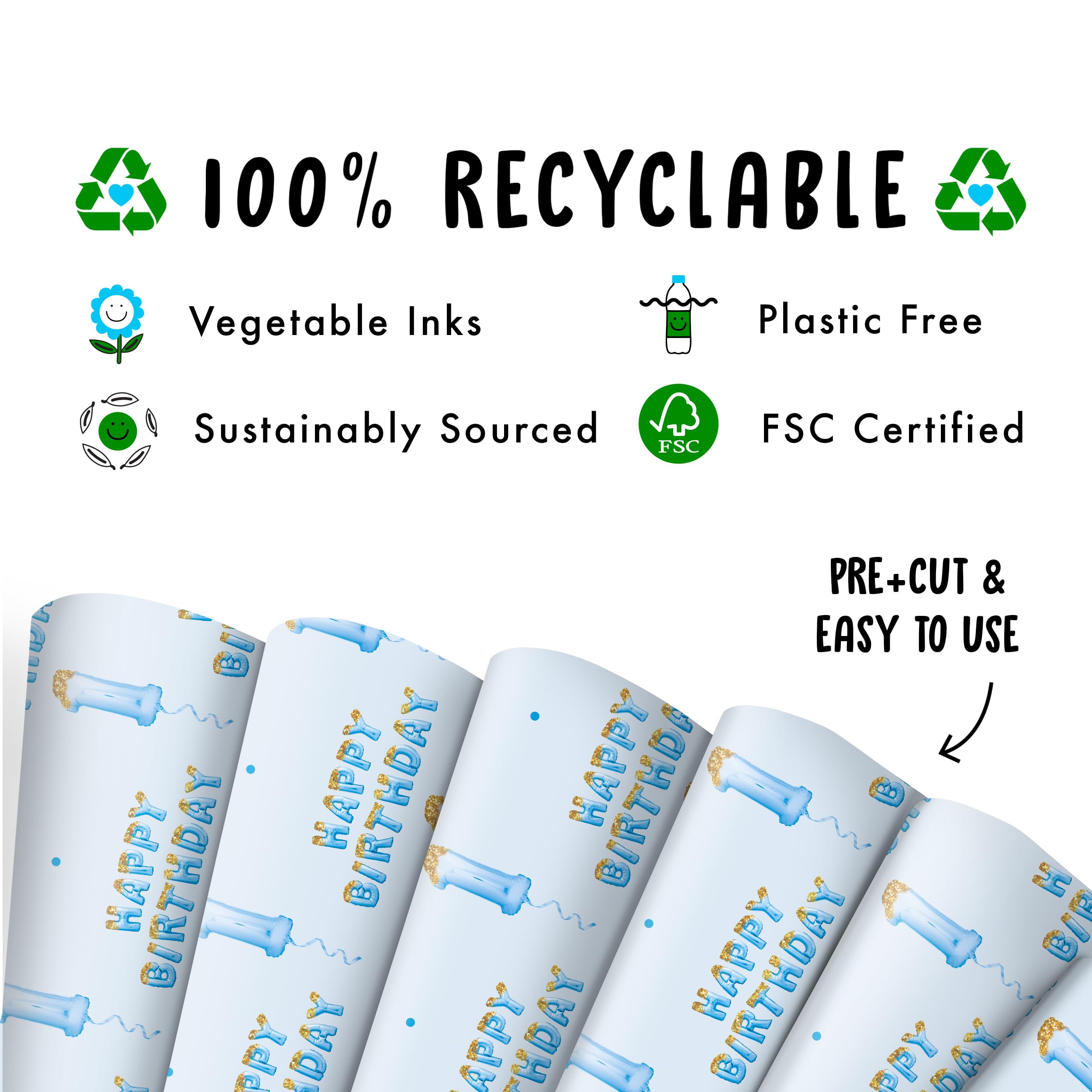 CENTRAL 23 1st Birthday Wrapping Paper Boy - 6 Sheets Blue Wrapping Paper - Happy Birthday Wrapping Paper - Comes With Stickers - Recyclable