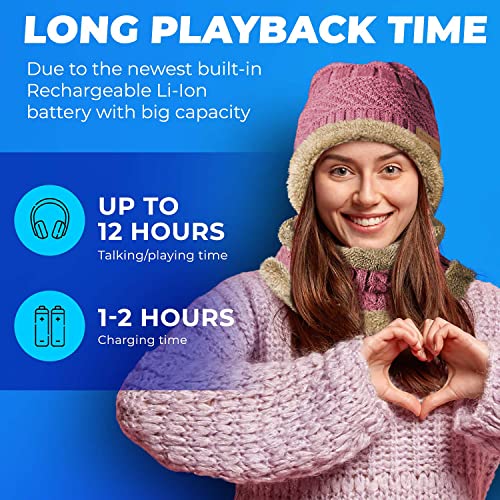 Bluetooth Beanie Wireless Hat with Scarf β Pink Headphone Beanie Hat with Upgraded Bluetooth 5.0 - Wireless Beanie Bluetooth Hat for Women - Warm Knitted Fleece Music Hat - Gorros con Bluetooth