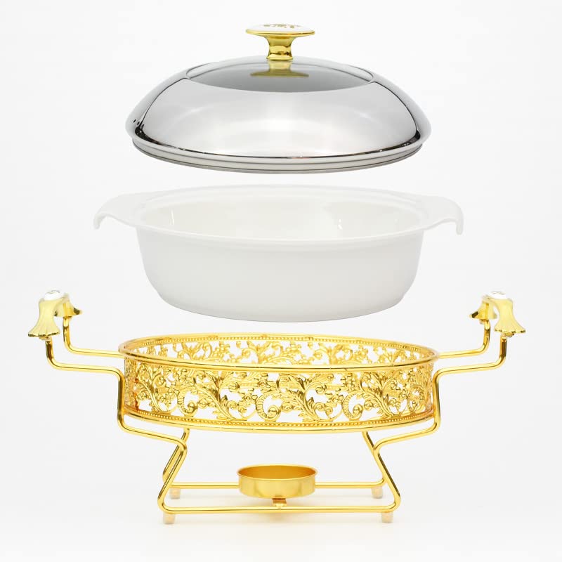 13inch Buffet Food Tray Stainless Steel Chafing Buffet Dish Round Chafer Full Size Food Warmer Heating Pan Large Capacity Serving Tray with Lid for Home Restaurant Canteen Warm Buffet Server,Gold