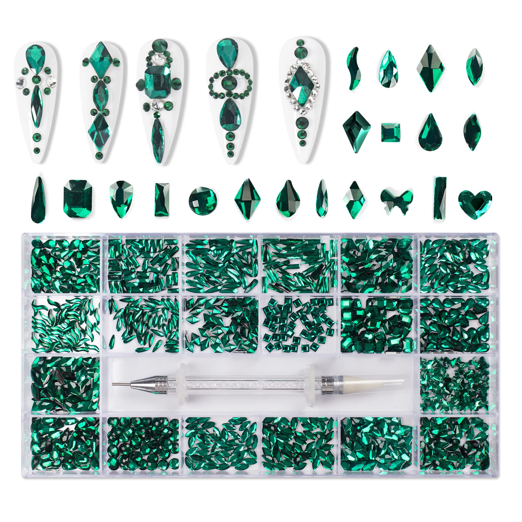 Nail Art Rhinestones, 1000 Special-Shaped Diamonds Mix 20 Styles Flatback Rhinestone Crystals Decorations Green Gemstones Set, Nail Gems and Rhinestones Kit for Nails, Crafts, Clothes, Jewelry