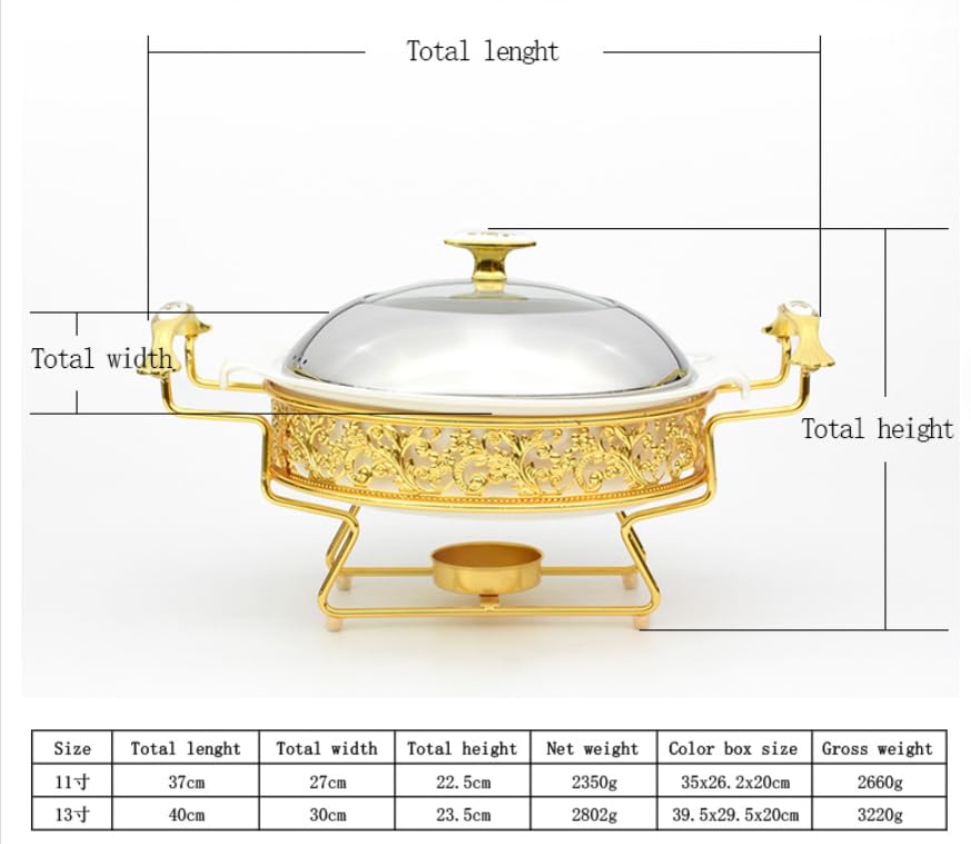 13inch Buffet Food Tray Stainless Steel Chafing Buffet Dish Round Chafer Full Size Food Warmer Heating Pan Large Capacity Serving Tray with Lid for Home Restaurant Canteen Warm Buffet Server,Gold