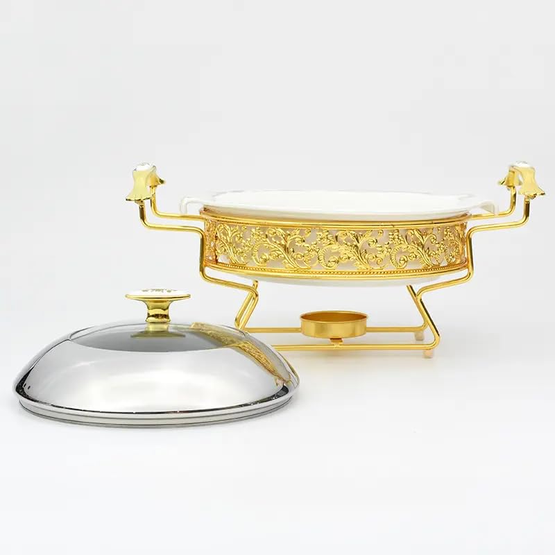 13inch Buffet Food Tray Stainless Steel Chafing Buffet Dish Round Chafer Full Size Food Warmer Heating Pan Large Capacity Serving Tray with Lid for Home Restaurant Canteen Warm Buffet Server,Gold