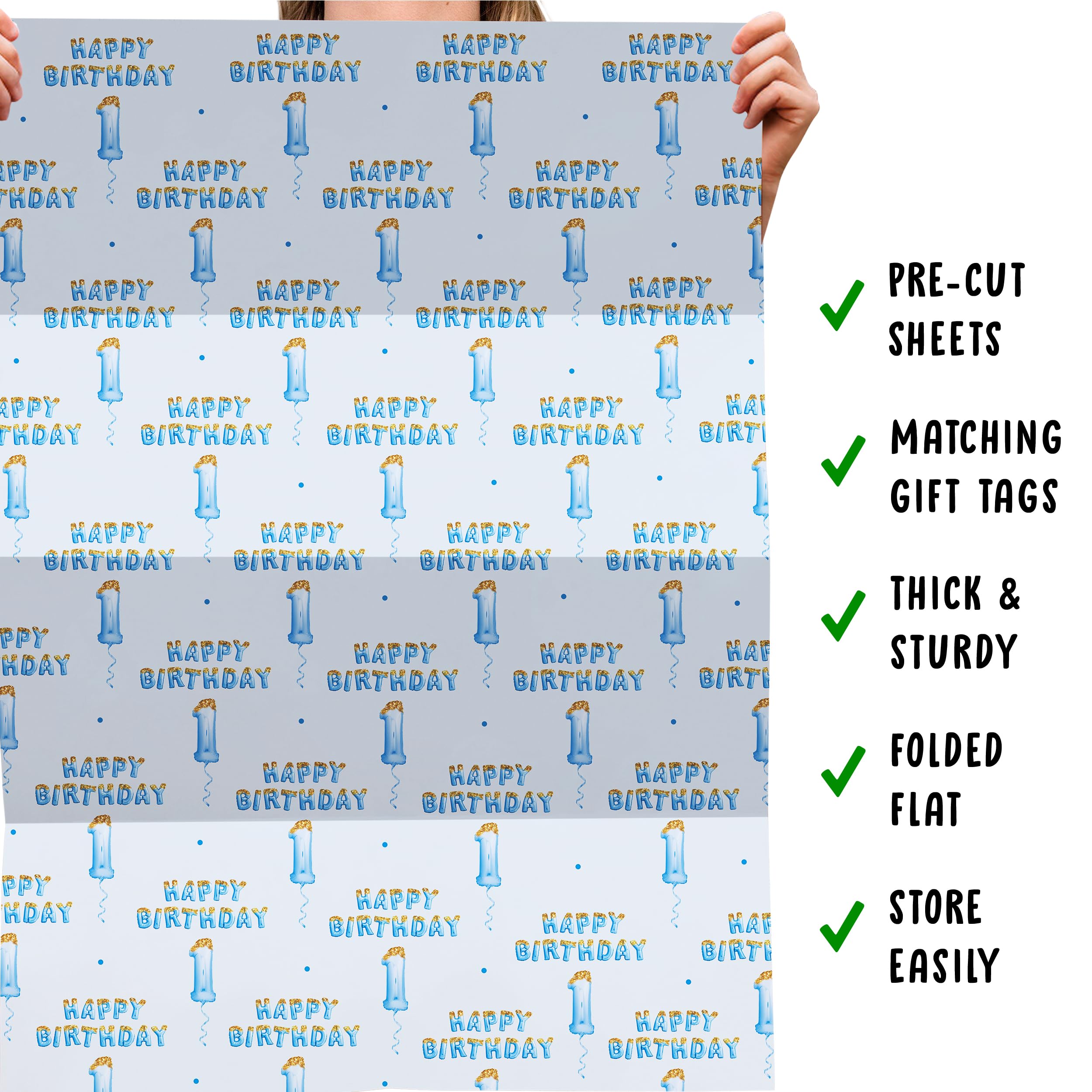 CENTRAL 23 1st Birthday Wrapping Paper Boy - 6 Sheets Blue Wrapping Paper - Happy Birthday Wrapping Paper - Comes With Stickers - Recyclable