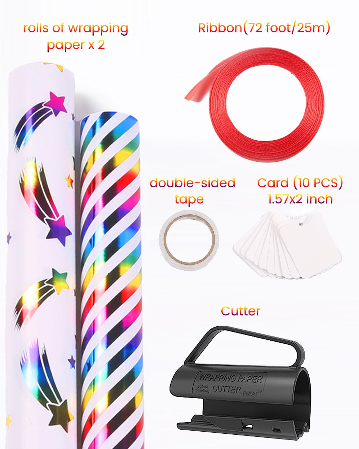MONTPRO THMORT Birthday Wrapping Paper Roll with a Cutter Kit for Boys/Girls, Adults, Kids Foil mini rolls 17 X 120 Inch Gift Wrapping Paper Roll Colorful Foil Rainbow Silver. Includes double-sided