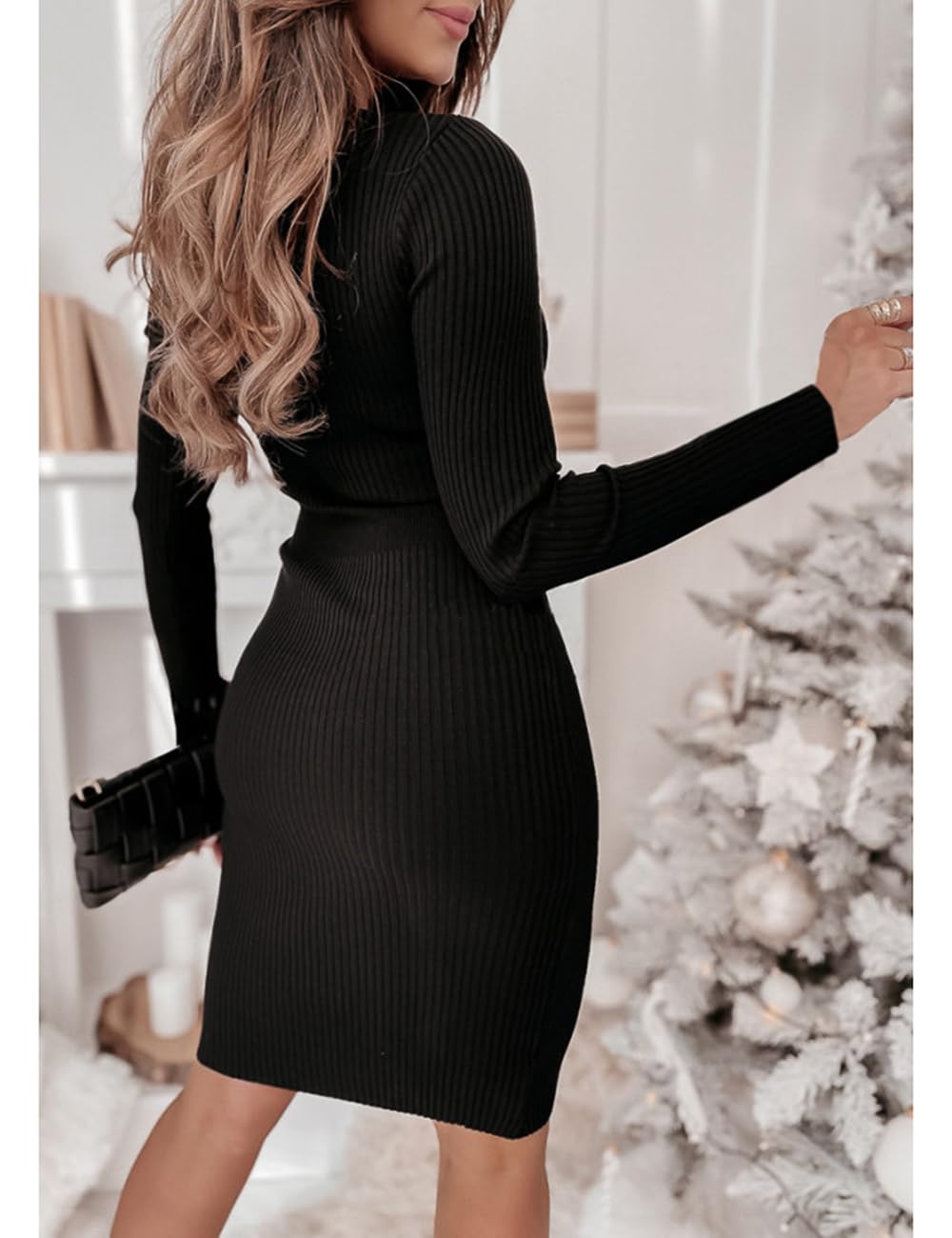 Imily Bela Womens V Neck Wrap Sweater Dress Midi Sexy Bodycon High Waist Long Sleeve Sweaters Ribbed Knit Pullover Dresses Black