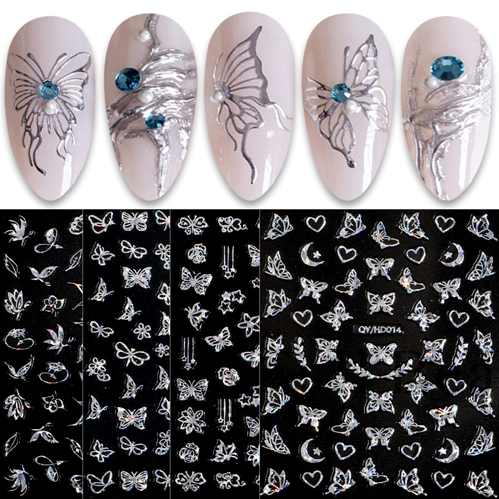 JMEOWIO 12 Sheets Aurora Holographic Butterfly Nail Art Stickers Decals Self-Adhesive Pegatinas Uñas Glitter Flower Nail Supplies Nail Art Design Decoration Accessories