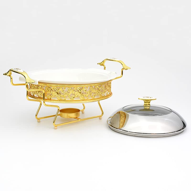 13inch Buffet Food Tray Stainless Steel Chafing Buffet Dish Round Chafer Full Size Food Warmer Heating Pan Large Capacity Serving Tray with Lid for Home Restaurant Canteen Warm Buffet Server,Gold