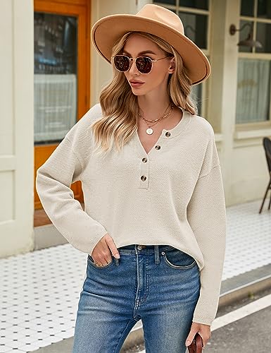 KTILG Pullover Sweaters for Women Oversized Sweater Side Slit Long Sleeve Loose V Neck Button Henley Tops Pullover Knit Jumper Beige, M