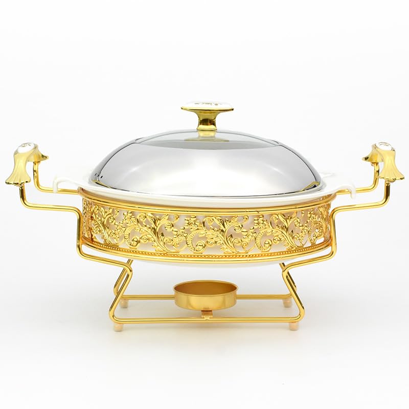 13inch Buffet Food Tray Stainless Steel Chafing Buffet Dish Round Chafer Full Size Food Warmer Heating Pan Large Capacity Serving Tray with Lid for Home Restaurant Canteen Warm Buffet Server,Gold
