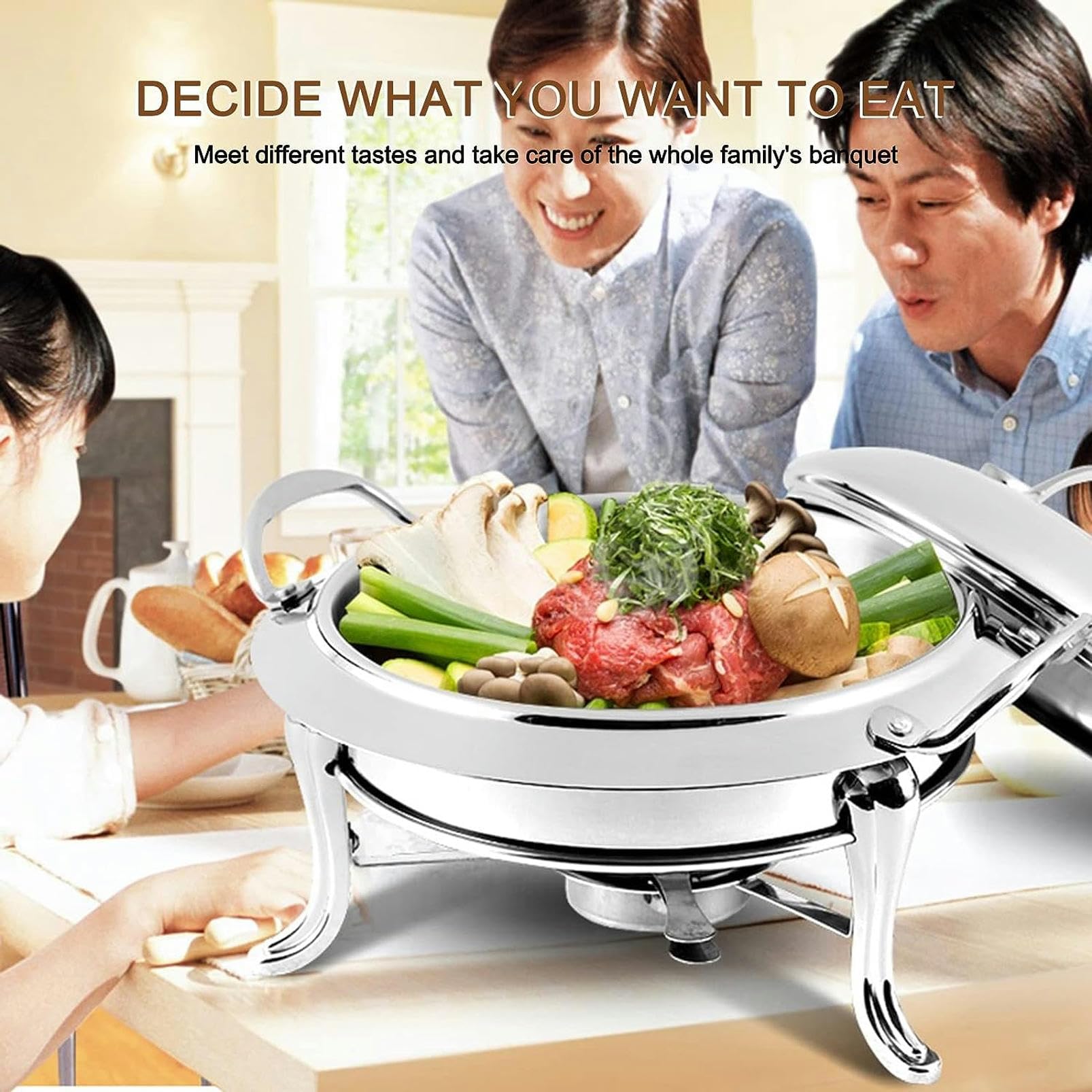 FLTRGO Stainless Steel Chafing Dish Set Round Durable Buffet Warmer Tray with Lid and Chafing Fuel Holder for Kitchen Party Banquet - Without Water Pan