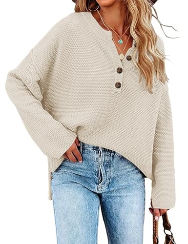 KTILG Pullover Sweaters for Women Oversized Sweater Side Slit Long Sleeve Loose V Neck Button Henley Tops Pullover Knit Jumper Beige, M
