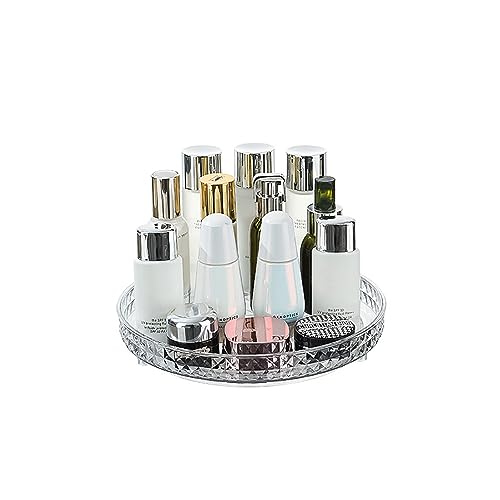 Lazy Susan Organizer with Handle, 11 Inch Lazy Susan Turntable for Bathroom Dresser, Round Spinning Organizer for Makeup Perfume Spices Counter (9" Clear White)