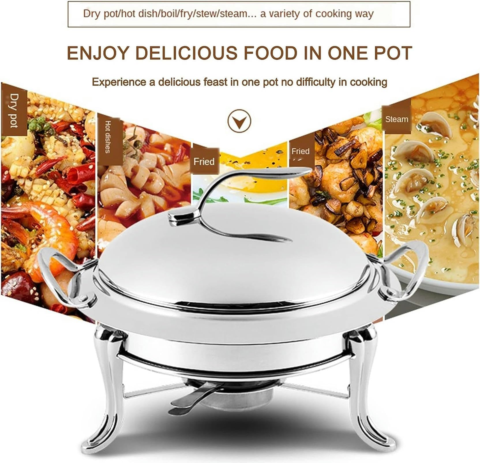 FLTRGO Stainless Steel Chafing Dish Set Round Durable Buffet Warmer Tray with Lid and Chafing Fuel Holder for Kitchen Party Banquet - Without Water Pan