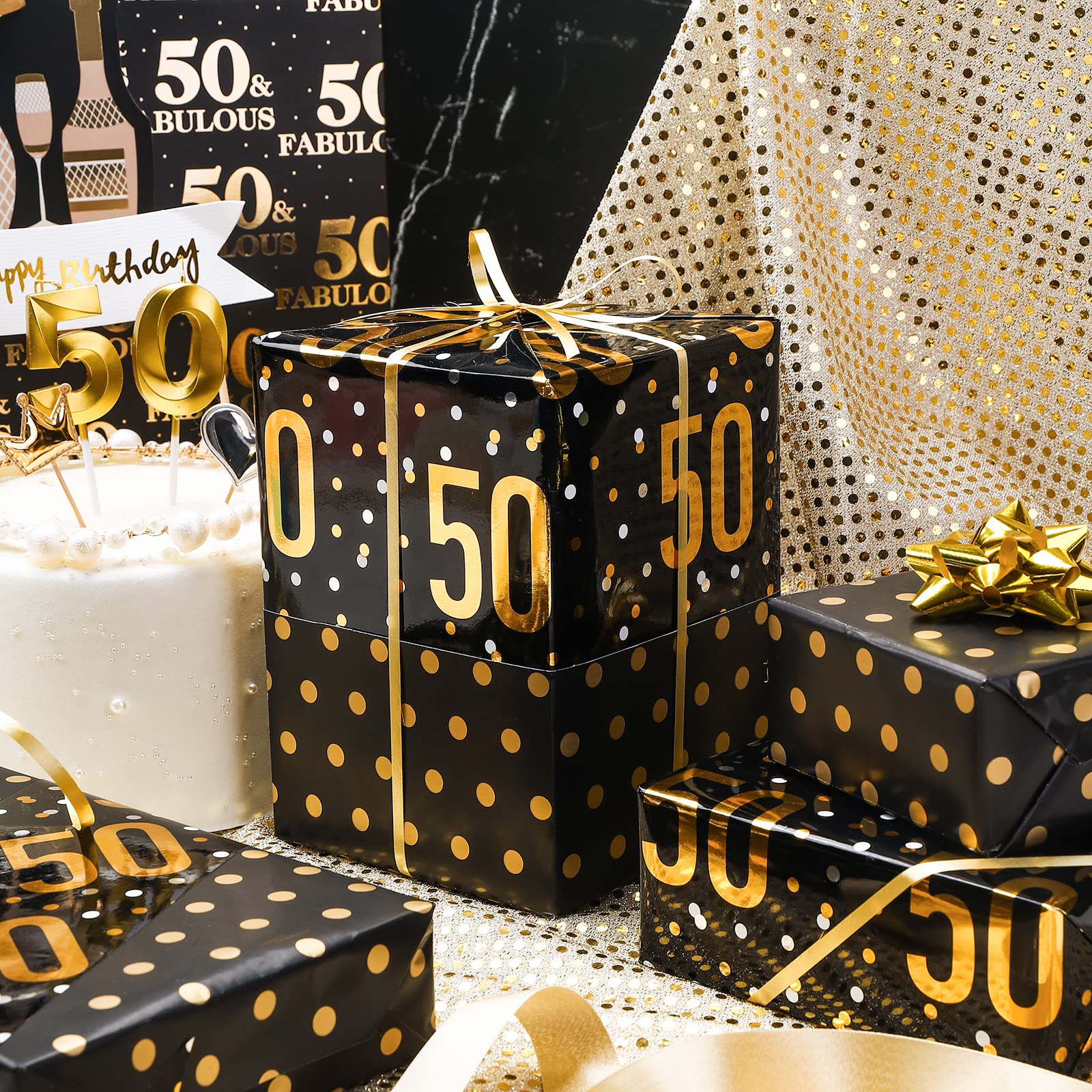 LeZakaa Reversible Wrapping Paper Roll - 50" Lettering Design with Metallic Foil in Black for Birthday, Wedding Anniversary - 17 inches x 32.8 Feet (46.45 sq.ft.)
