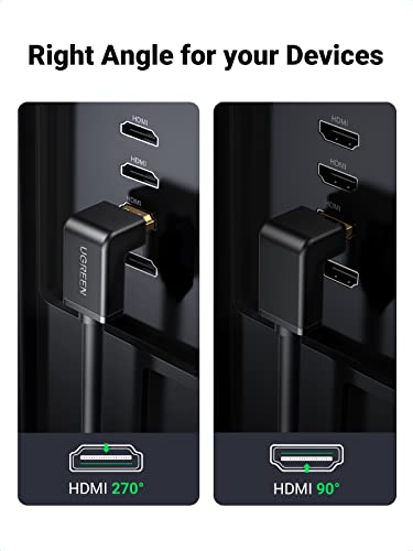UGREEN HDMI Cable 4K Right Angle 270 Degree HDMI Cord High Speed HDMI 2.0 Cable 4K@60Hz HD 3D 1080P ARC Compatible for TV PC Nintendo Switch Xbox PS5 PS4 PS3 Laptop 3FT