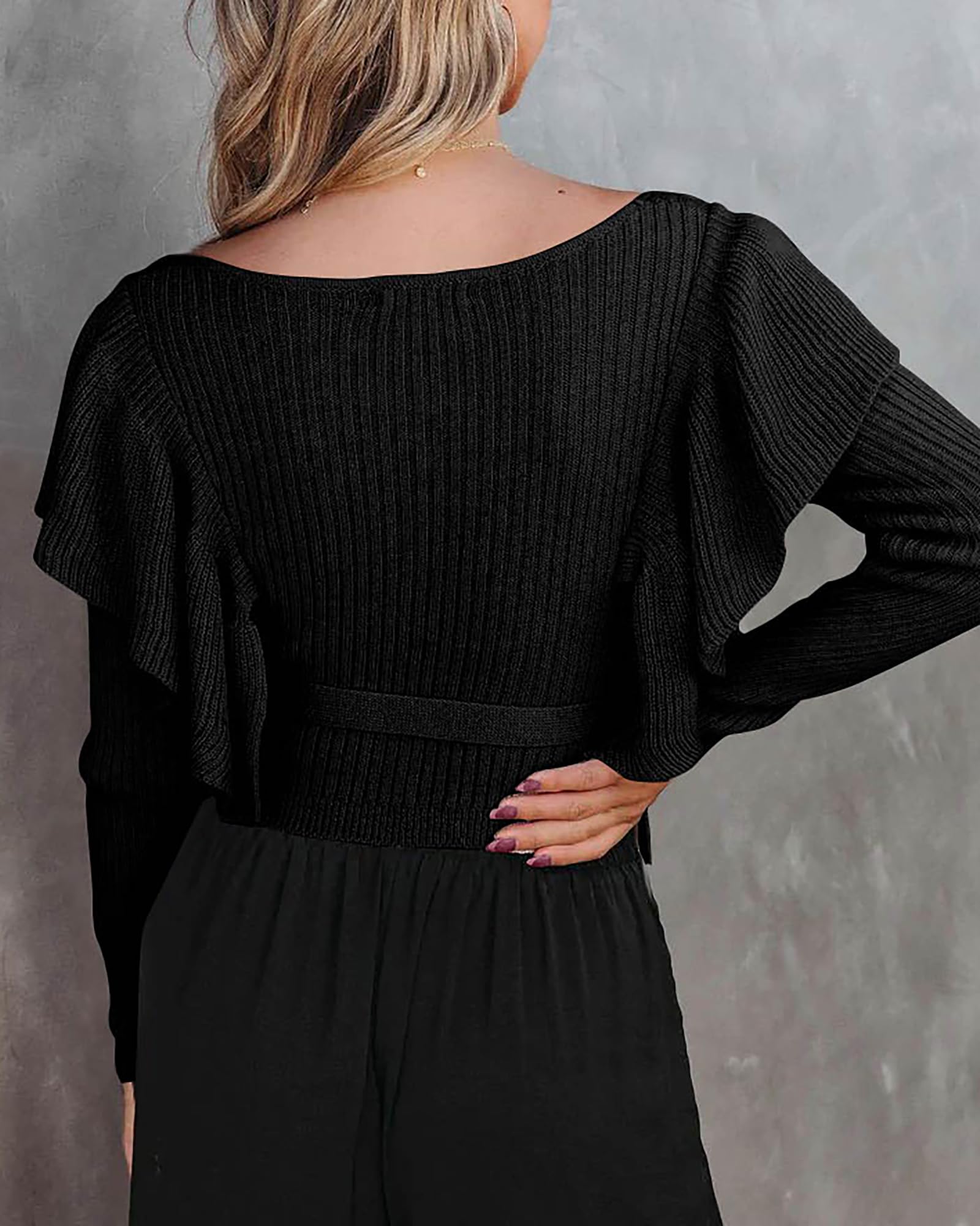 KIRUNDO Women's 2024 Fall Fashion Long Sleeve Cropped Wrap V Neck Sweater Ruffle Tie Waist Slim Fit Ribbed Knit Pullover (Black, Medium)