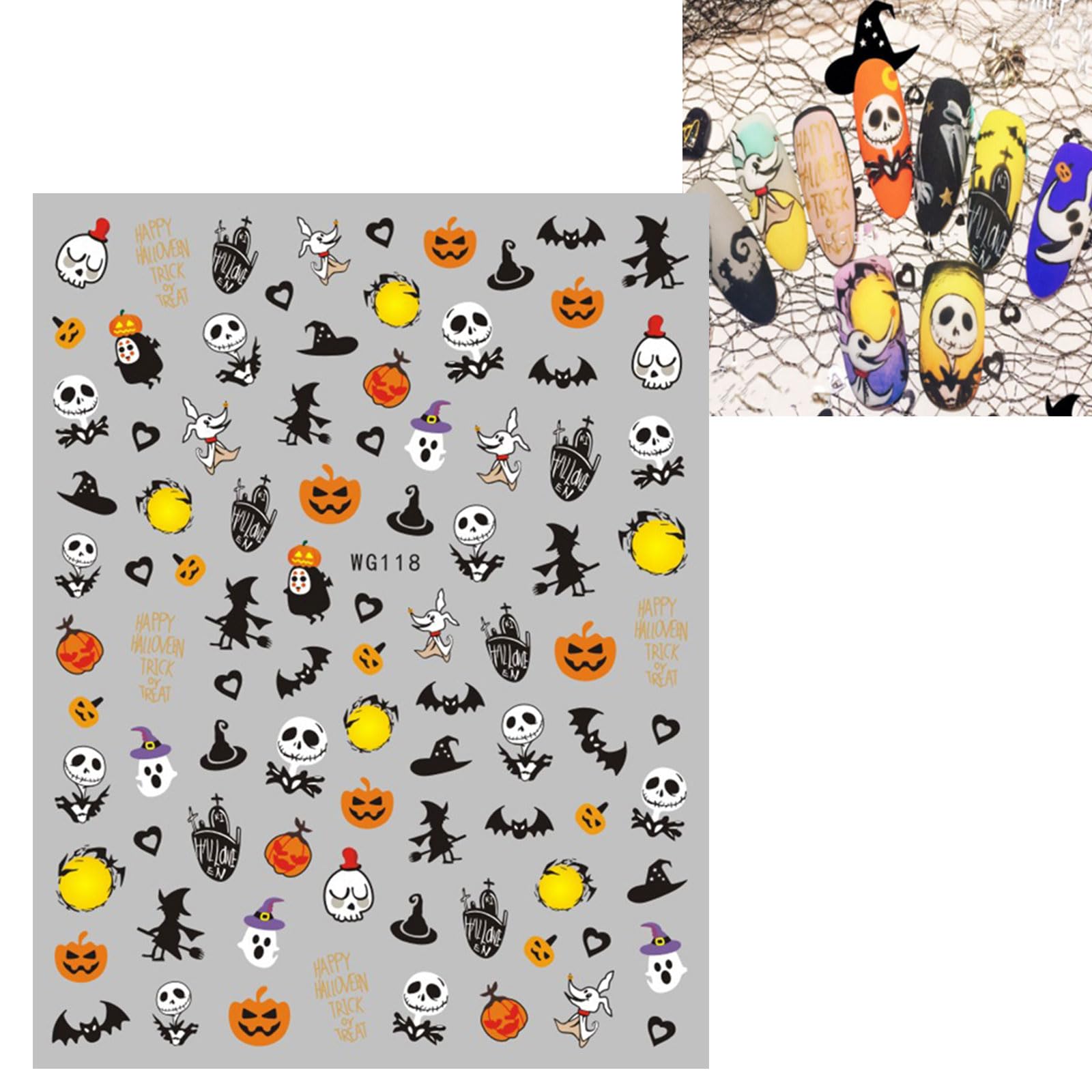 JMEOWIO 8 Sheets Halloween Nail Art Stickers Decals Self-Adhesive Pegatinas Uñas Horror Skull Nail Supplies Nail Art Design Decoration Accessories