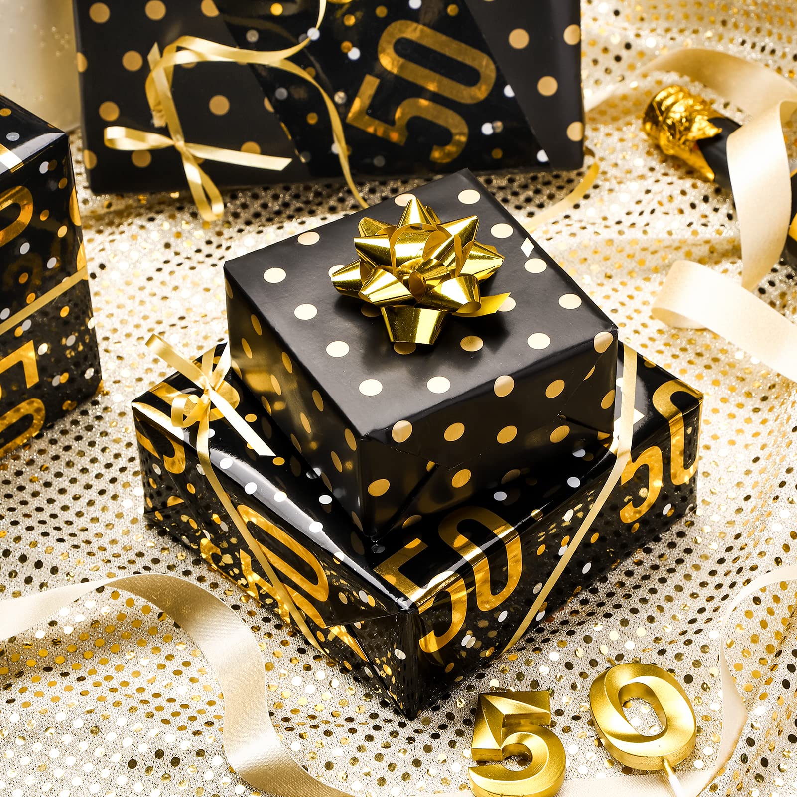 LeZakaa Reversible Wrapping Paper Roll - 50" Lettering Design with Metallic Foil in Black for Birthday, Wedding Anniversary - 17 inches x 32.8 Feet (46.45 sq.ft.)