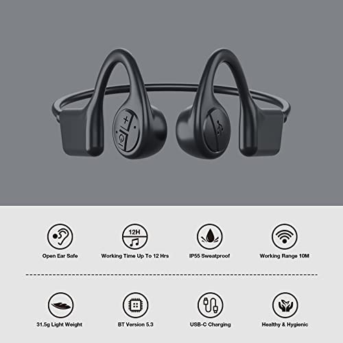 ROPASOMIC Bone Conduction Headphones, Open Ear Wireless Earphone Bluetoeth Headset with 12 Hours Playtime IP55 Sweatproof Built-in Mic,Perfect for Running Cycling Hiking and Workouts(DarkBlack)