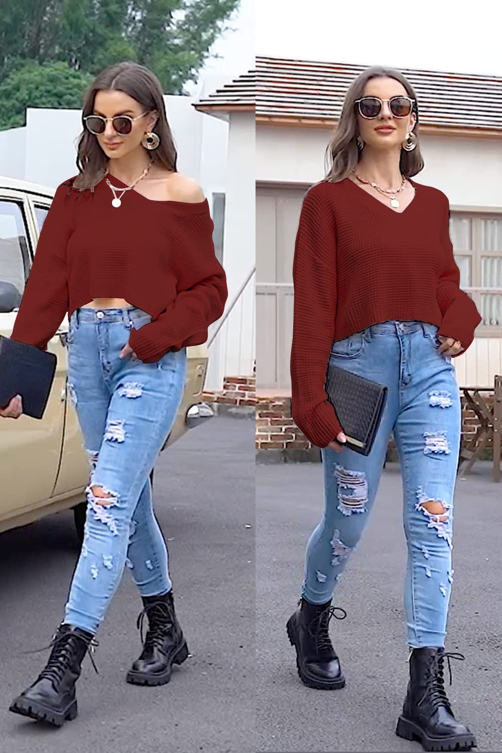 Women's V Neck Waffle Knit Cropped Top Long Sleeve Pullover Crop Sweater Rust Red M