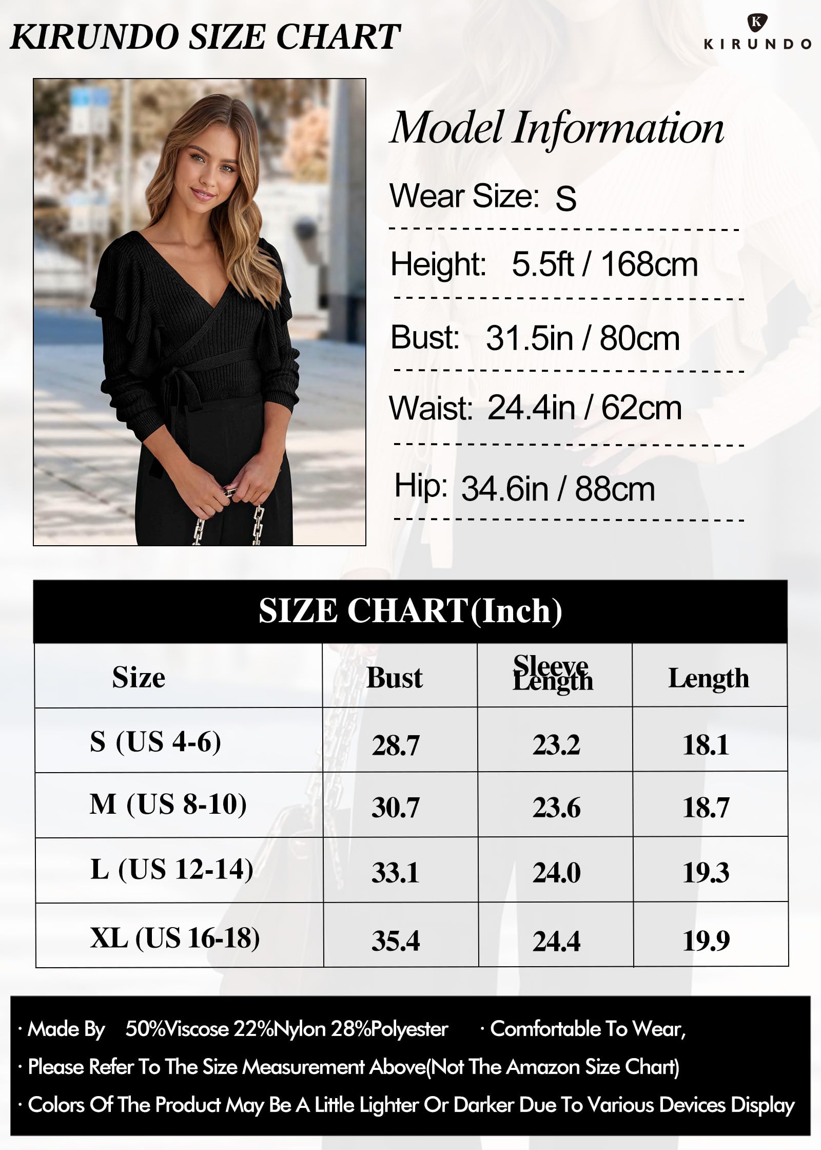 KIRUNDO Women's 2024 Fall Fashion Long Sleeve Cropped Wrap V Neck Sweater Ruffle Tie Waist Slim Fit Ribbed Knit Pullover (Black, Medium)