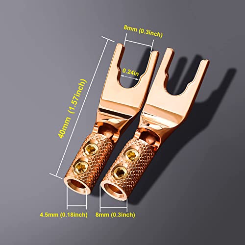 Speaker Spade Plug Connectors, Screw Locking Speaker Wire Connector with Allen Wrench+Heat Shrink Tubing, Fork Y Spade Lugs 45 Degree for Speaker Wire DIY 4PCS (Pure Copper Knurled Style)