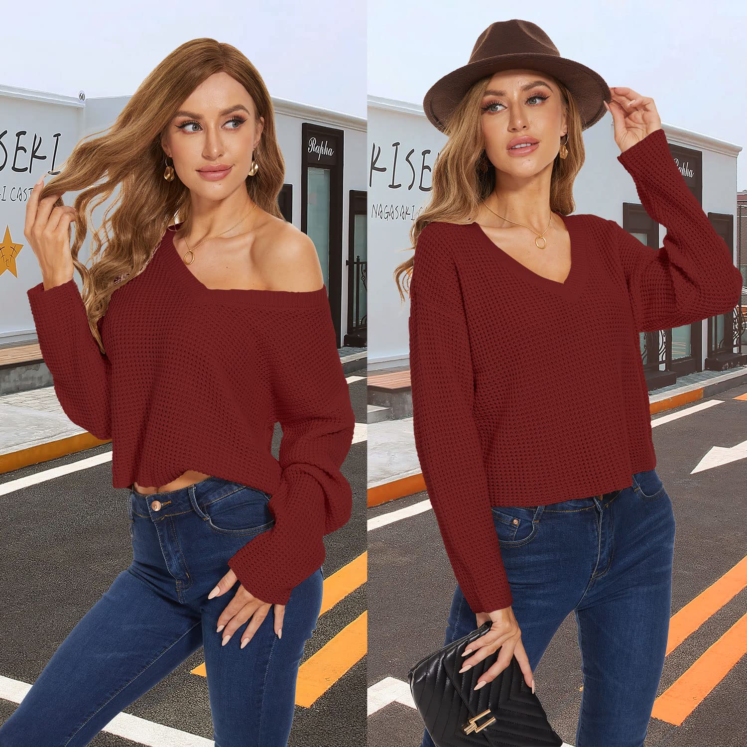 Women's V Neck Waffle Knit Cropped Top Long Sleeve Pullover Crop Sweater Rust Red M