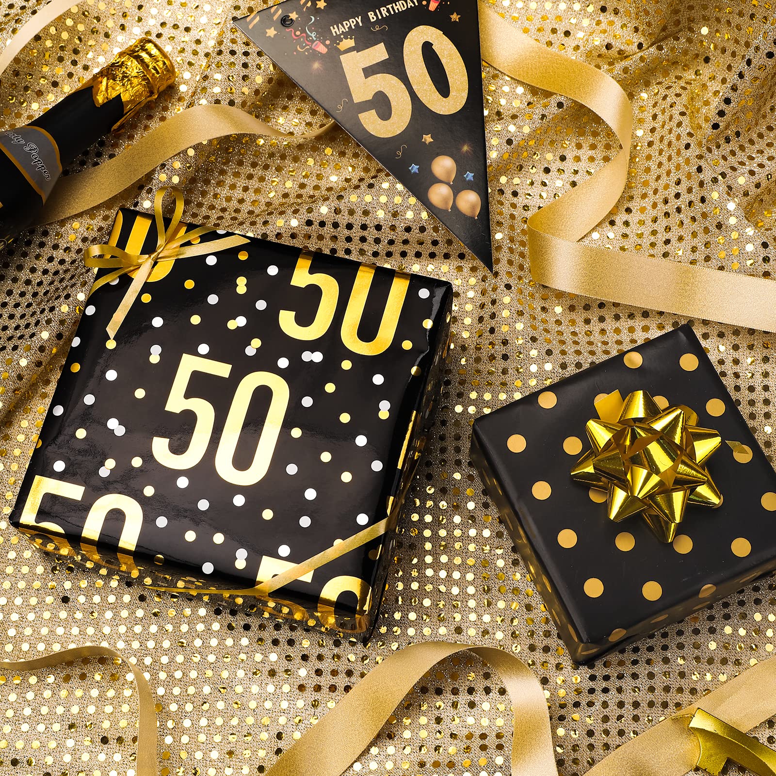 LeZakaa Reversible Wrapping Paper Roll - 50" Lettering Design with Metallic Foil in Black for Birthday, Wedding Anniversary - 17 inches x 32.8 Feet (46.45 sq.ft.)