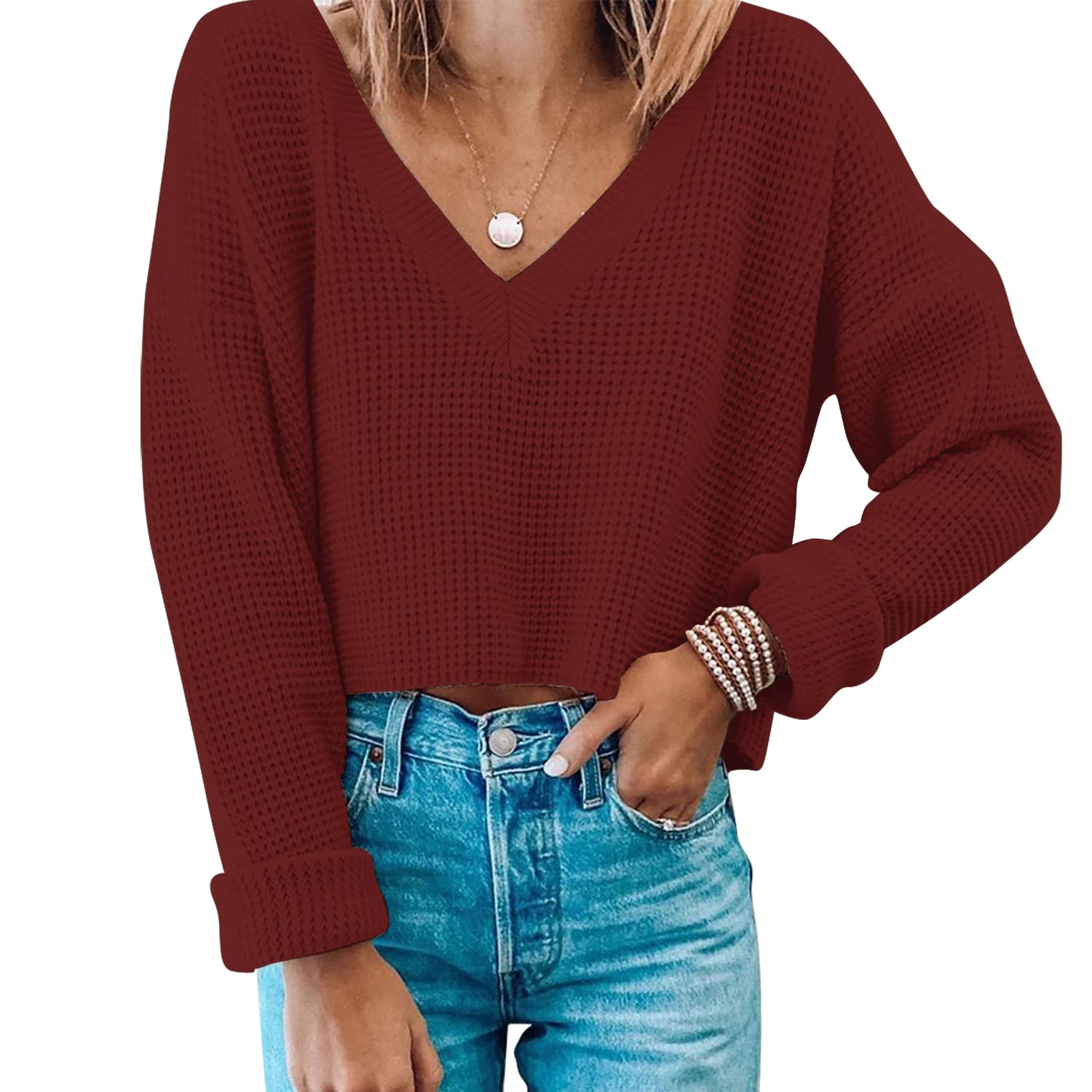 Women's V Neck Waffle Knit Cropped Top Long Sleeve Pullover Crop Sweater Rust Red M