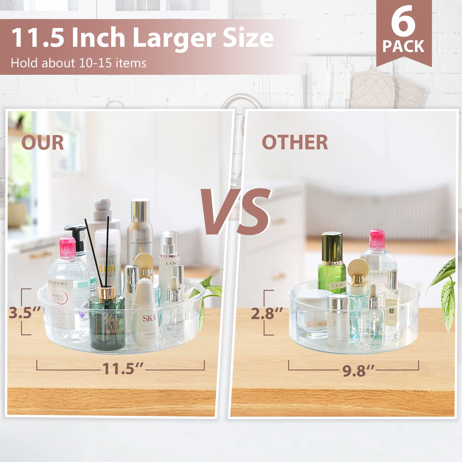 6 Pack Lazy Susan Organizer for Cabinet, Upgraded 11.5" Clear Lazy Susan Turntable with Handles and Raised Edge, Rotating Lazy Susan Spice Storage for Kitchen, Pantry, Refrigerator, Bathroom, Table