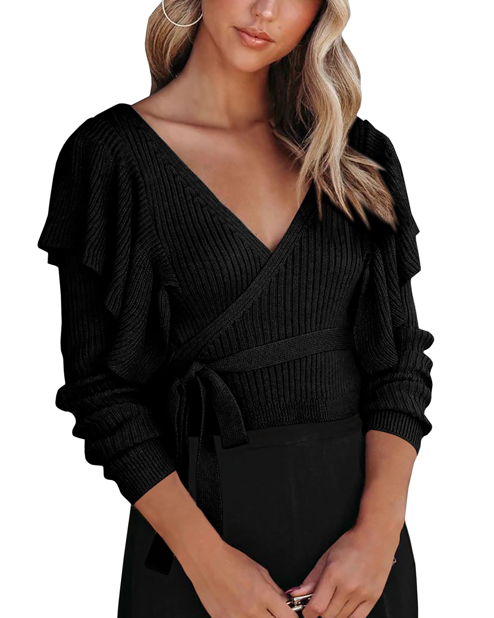 KIRUNDO Women's 2024 Fall Fashion Long Sleeve Cropped Wrap V Neck Sweater Ruffle Tie Waist Slim Fit Ribbed Knit Pullover (Black, Medium)