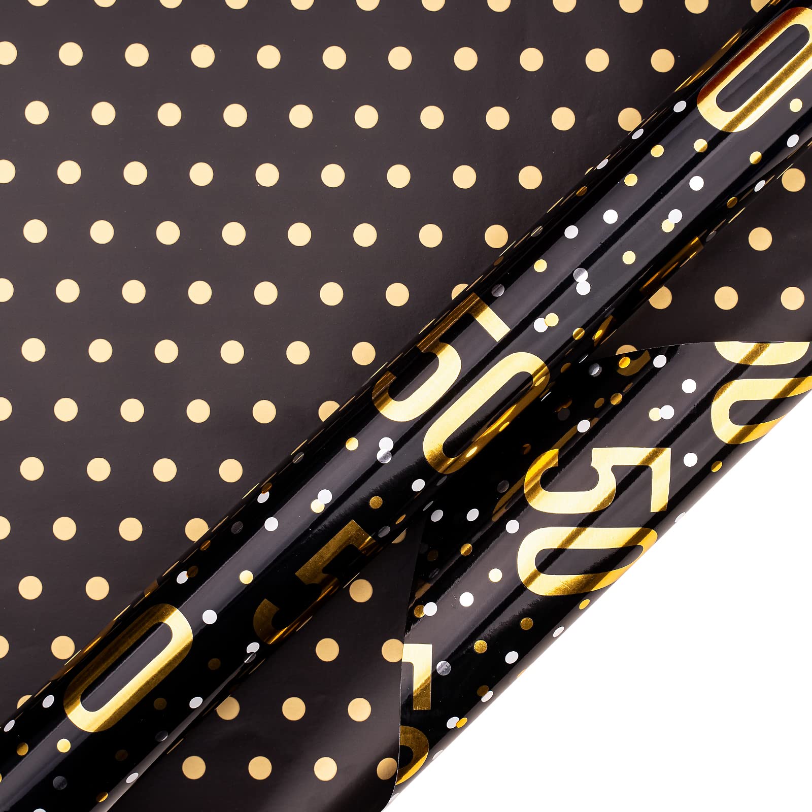 LeZakaa Reversible Wrapping Paper Roll - 50" Lettering Design with Metallic Foil in Black for Birthday, Wedding Anniversary - 17 inches x 32.8 Feet (46.45 sq.ft.)