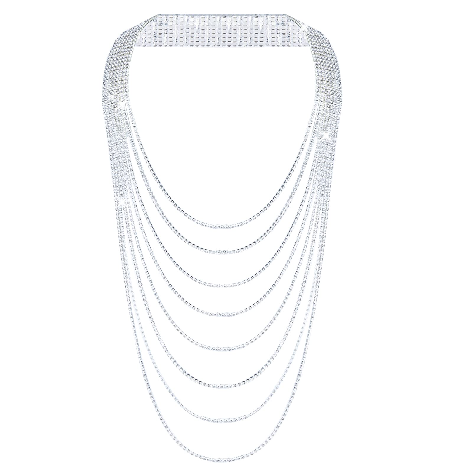 Layered Rhinestone Backdrop Necklace for Women 8 Strand Crystal Choker and Back Chain Necklace Bridal Jewelry for Wedding Prom Party