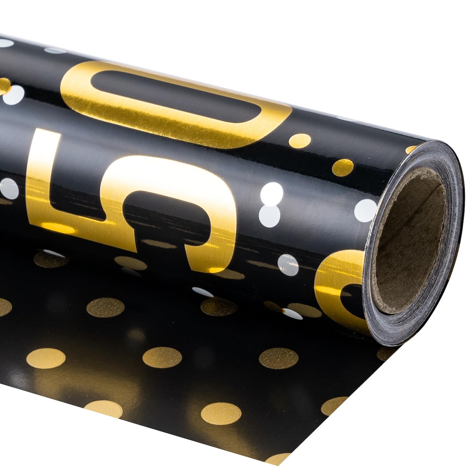 LeZakaa Reversible Wrapping Paper Roll - 50" Lettering Design with Metallic Foil in Black for Birthday, Wedding Anniversary - 17 inches x 32.8 Feet (46.45 sq.ft.)