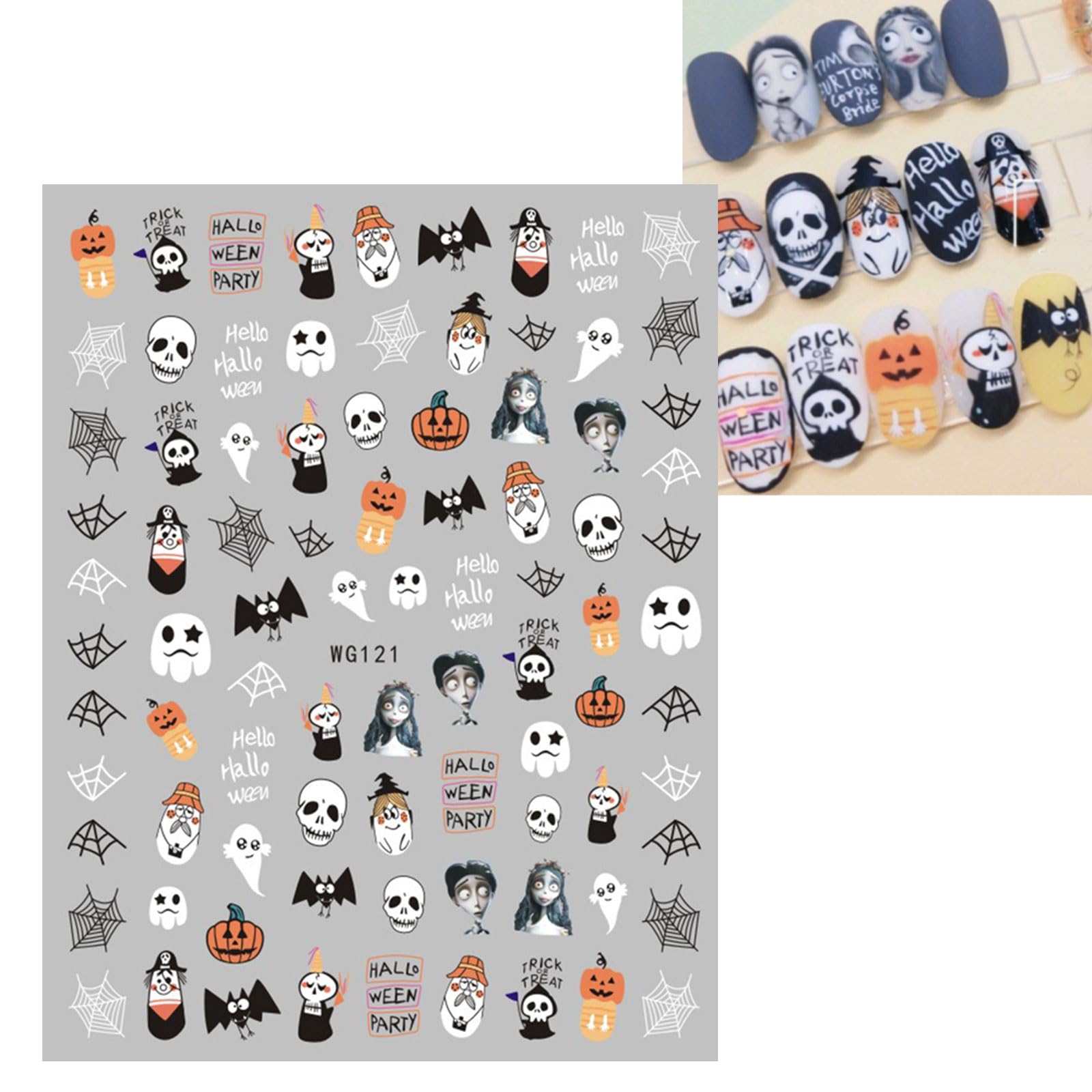 JMEOWIO 12 Sheets Halloween Nail Art Stickers Decals Self-Adhesive Pegatinas Uñas Skull Cute Horror Ghost Cat Witchy Bat Spook Nail Supplies Nail Art Design Decoration Accessories