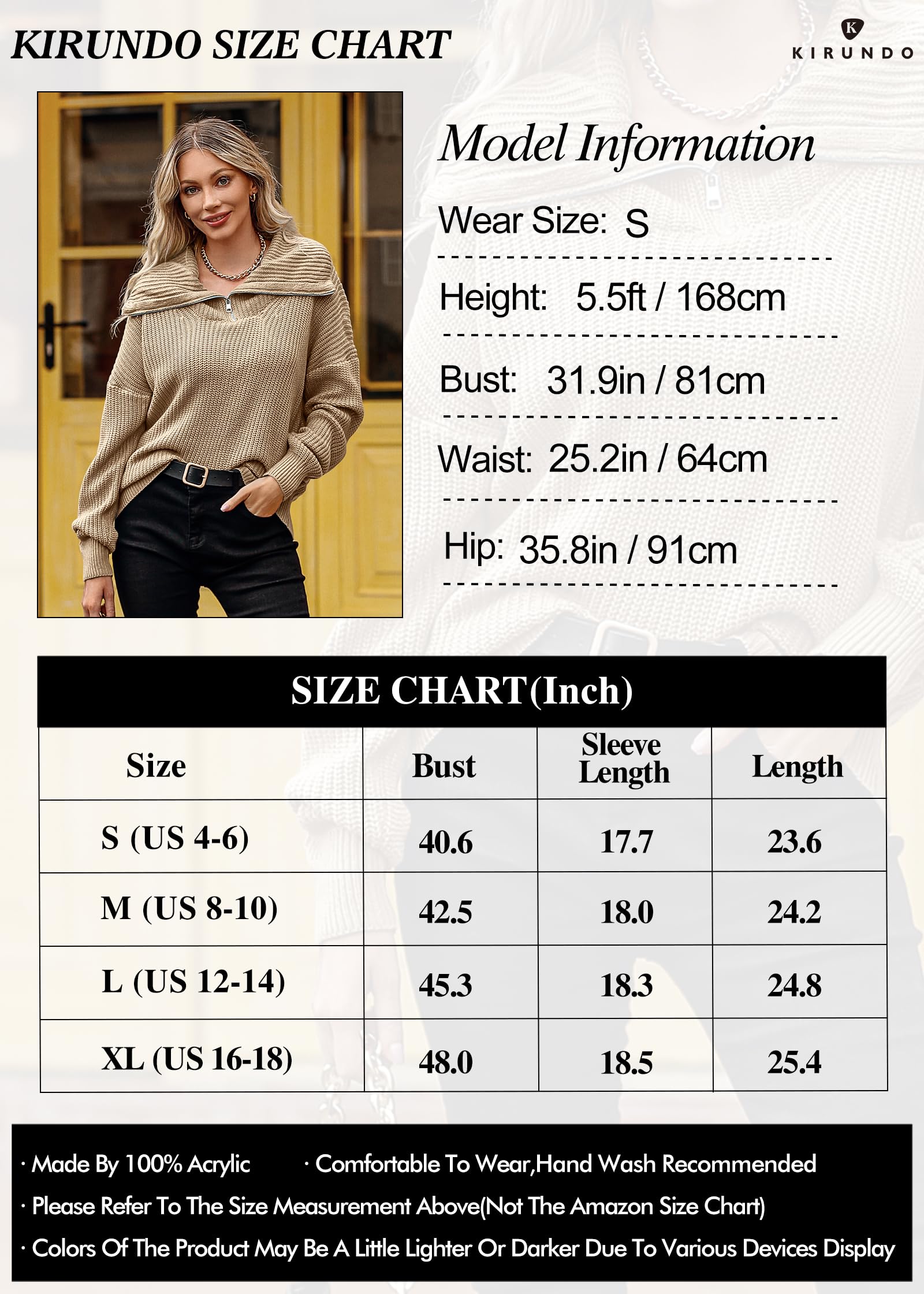 KIRUNDO Women's 2024 Fall Winter Long Sleeve Quarter Zip Pullover Casual V Neck Ribbed Knit Sweaters Jumper Tops(Beige White, Large)