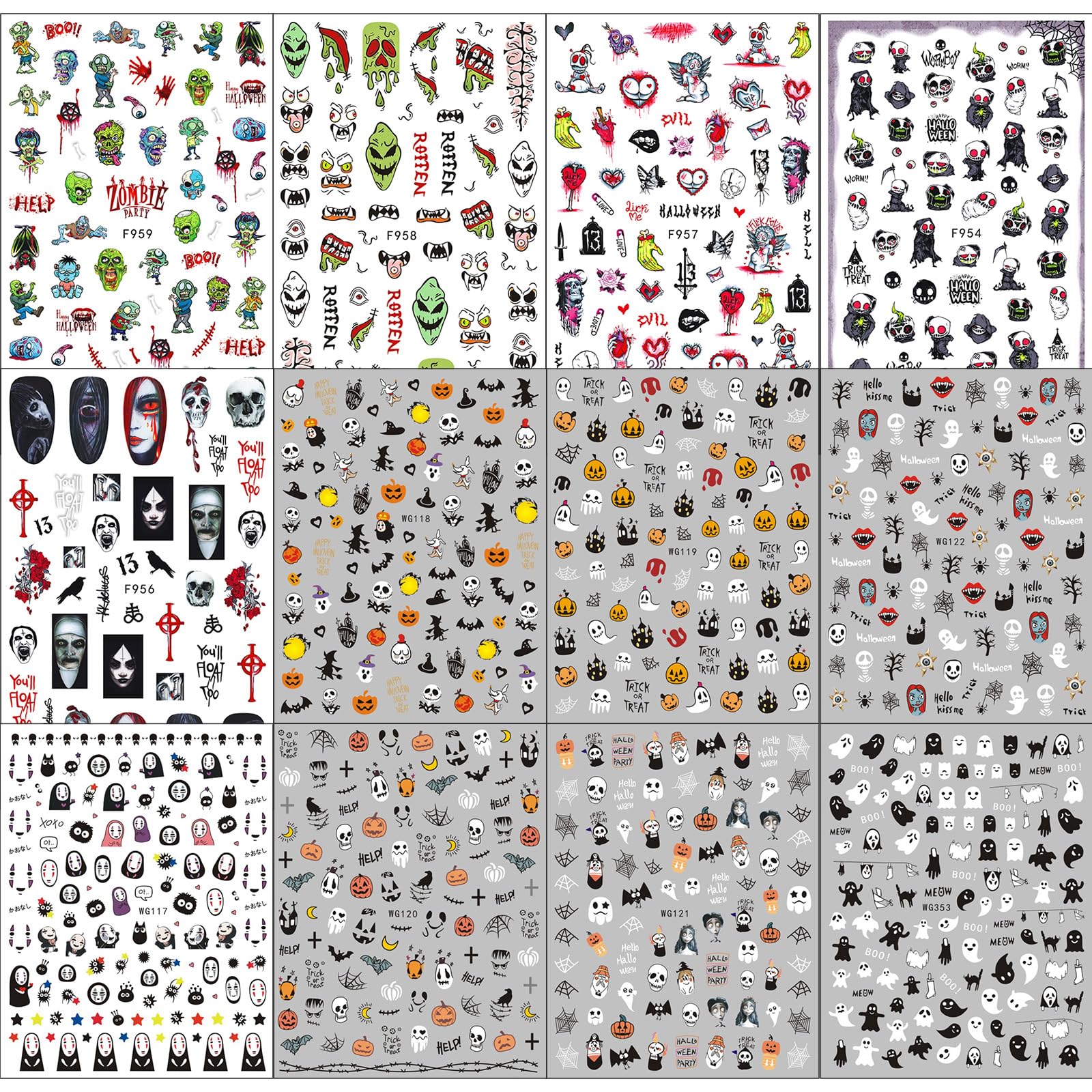 JMEOWIO 12 Sheets Halloween Nail Art Stickers Decals Self-Adhesive Pegatinas Uñas Skull Cute Horror Ghost Cat Witchy Bat Spook Nail Supplies Nail Art Design Decoration Accessories