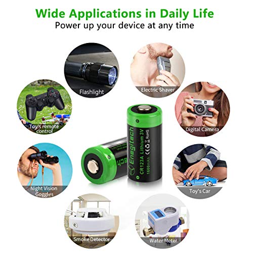 Enegitech CR123A Lithium Battery Non-Rechargeable 3V 1600mAh with PTC Protection UL Certified for Arlo Security System VMS3230 Polaroid Camera Flashlight Torch Laser Pointer-12 Pack