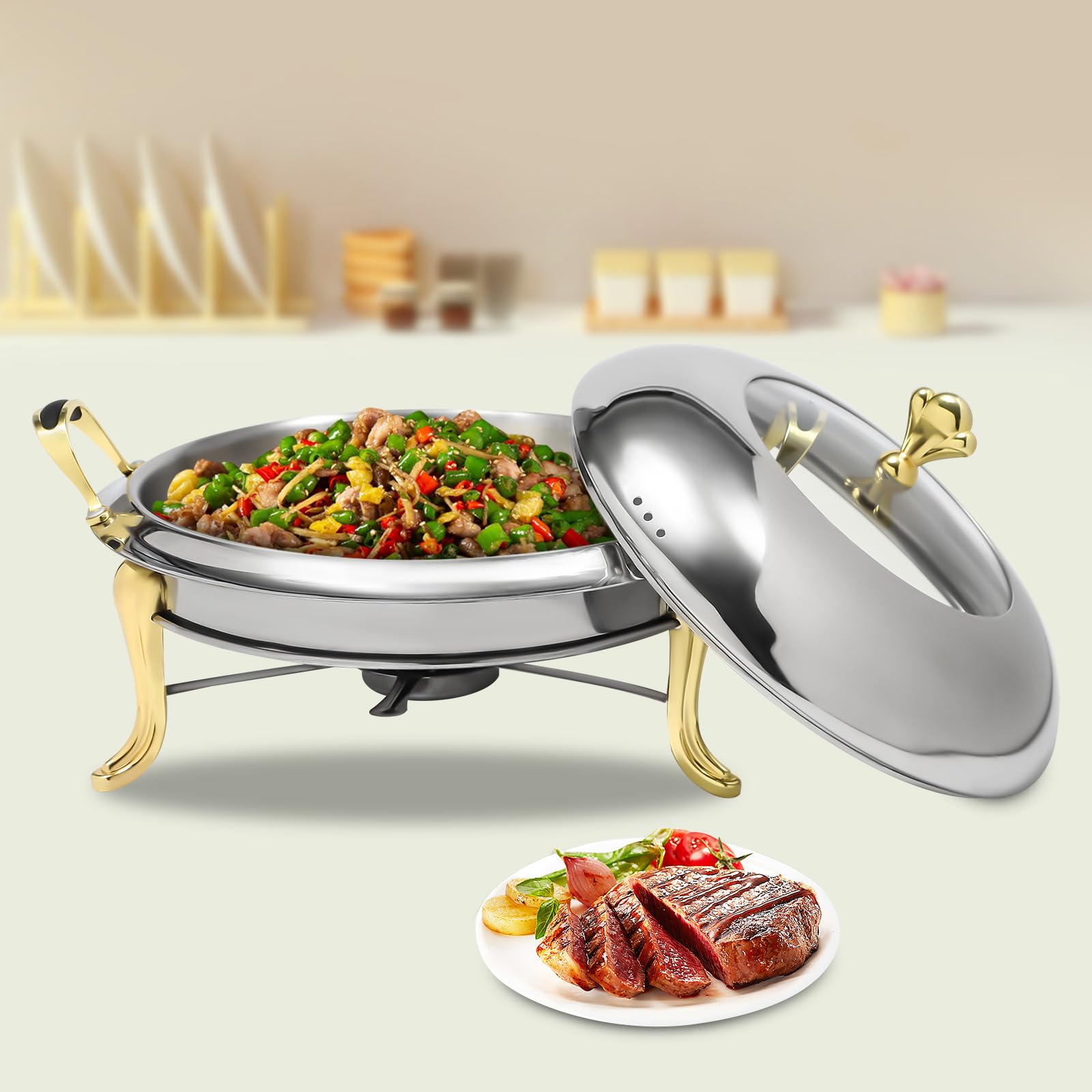 Roll Top Chafing Dish Buffet Set, 2.5L Round Chafing Dish for Buffet, Buffet Servers and Warmers, Food Warming Trays for Buffet and Parties, Gold, Stainless Steel