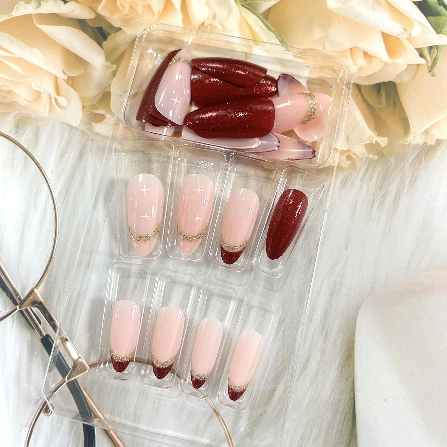 Press on Nails Tip Almond Medium Length, Artificial Fake Nails with Gold Sequins Design, Full Cover Reusable Coffin Shaped Glossy False Nails, Red French Acrylic Nails, Glue on Nails for Women Set