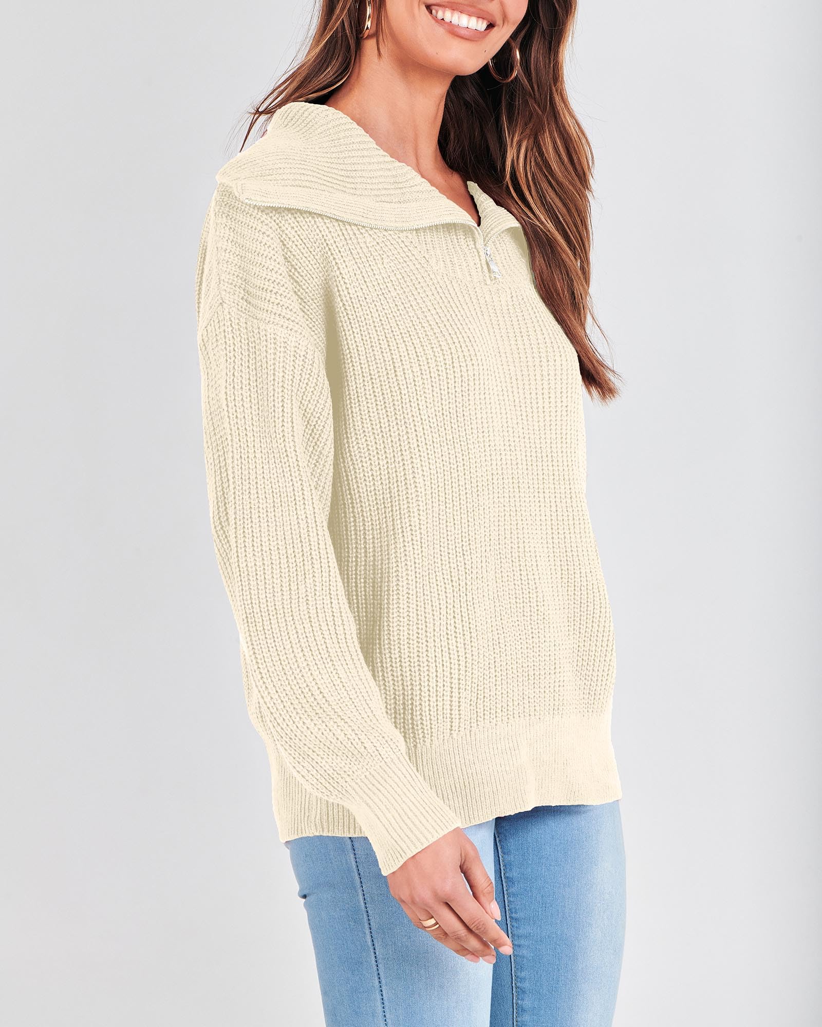 KIRUNDO Women's 2024 Fall Winter Long Sleeve Quarter Zip Pullover Casual V Neck Ribbed Knit Sweaters Jumper Tops(Beige White, Large)