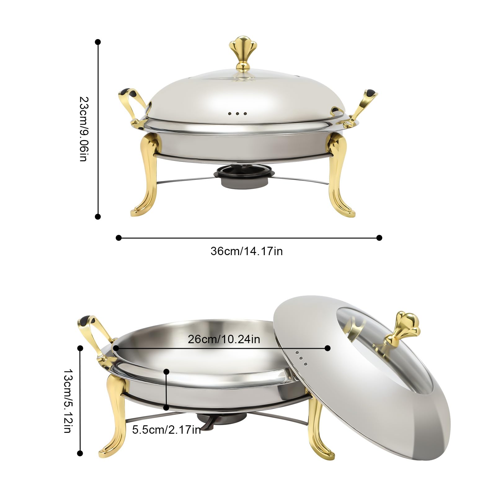 Roll Top Chafing Dish Buffet Set, 2.5L Round Chafing Dish for Buffet, Buffet Servers and Warmers, Food Warming Trays for Buffet and Parties, Gold, Stainless Steel