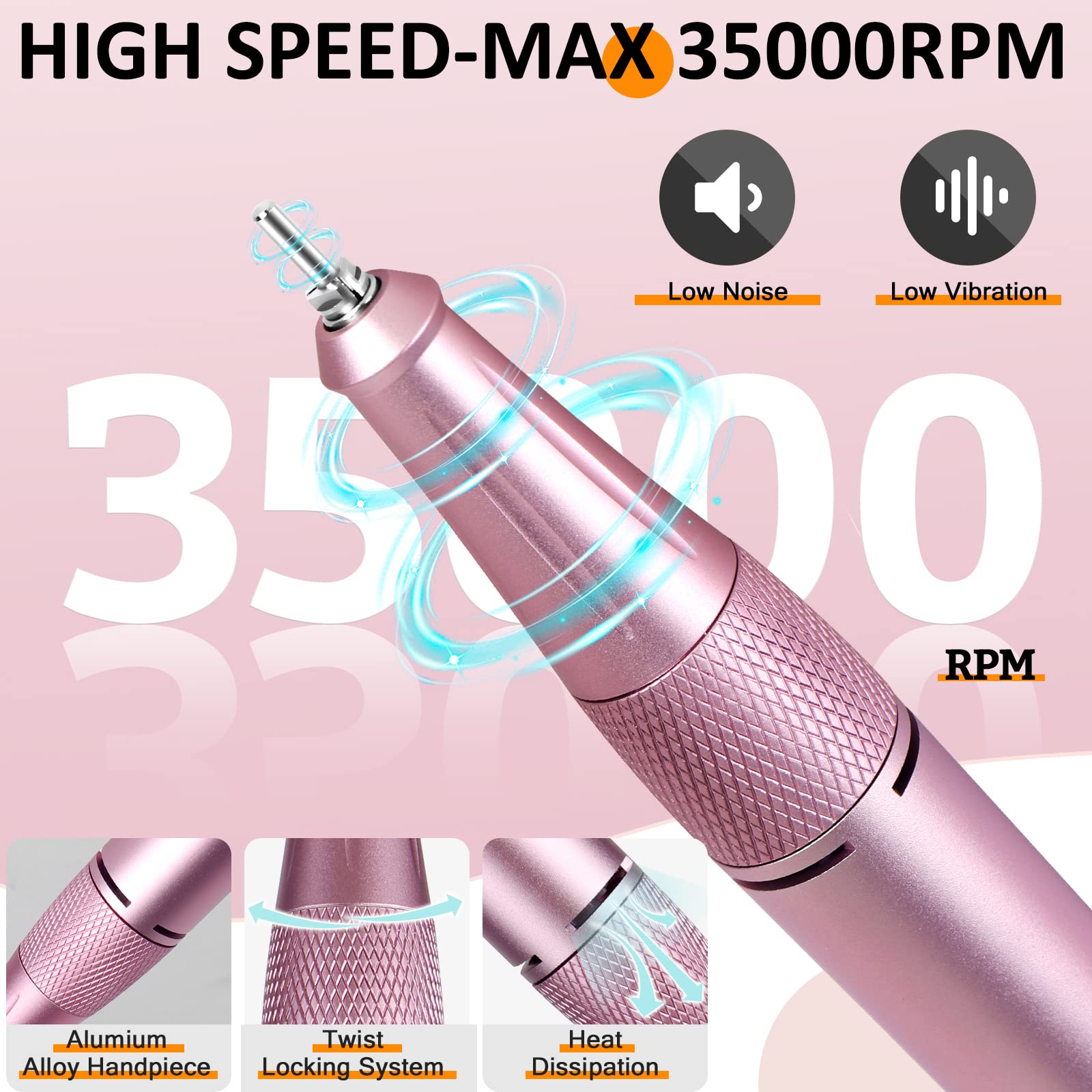 Portable Nail Drill Kit,35000RPM Electric Nail Drill Machine E File with Bits and Sanding Bands for Acrylic Gel Nails Polishing,Professional 4500mAh Rechargeable Nail Drill for Manicure Salon Home