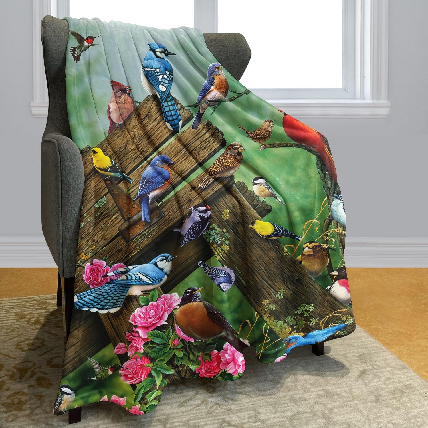 KLRIGR Soft Cozy Fleece Throw Blanket for Couch, Birds and Flowers, 50X60 Inches