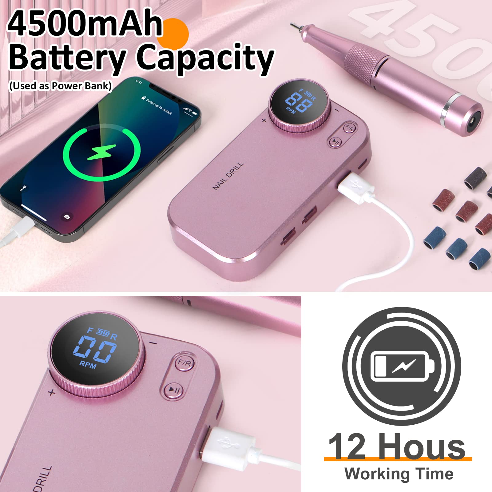 Portable Nail Drill Kit,35000RPM Electric Nail Drill Machine E File with Bits and Sanding Bands for Acrylic Gel Nails Polishing,Professional 4500mAh Rechargeable Nail Drill for Manicure Salon Home