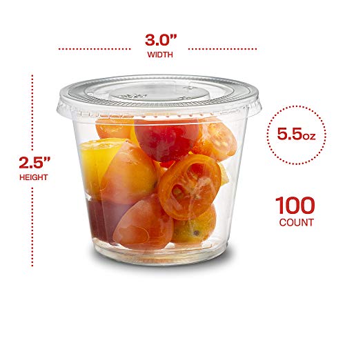 Plastimade Clear Disposable Plastic Portion Cups With Lids (100 Sets - 5.5 Oz) - Disposable Condiment Cups, Thanksgiving Sauce/Dip/Dressing Cups, Souffle Cups & Jello Shot Cups With Lids