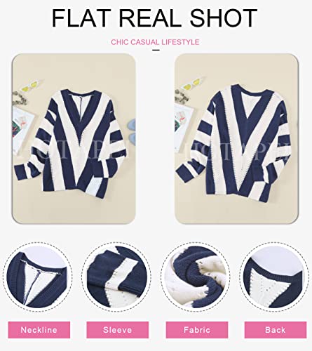 EVALESS Womans Fall Sweaters Long Sleeve Sexy Deep V Neck Hand Knit Striped Sweater Tops Fahion 2024 Loose Pullover Oversized Sweaters Blue X-Large