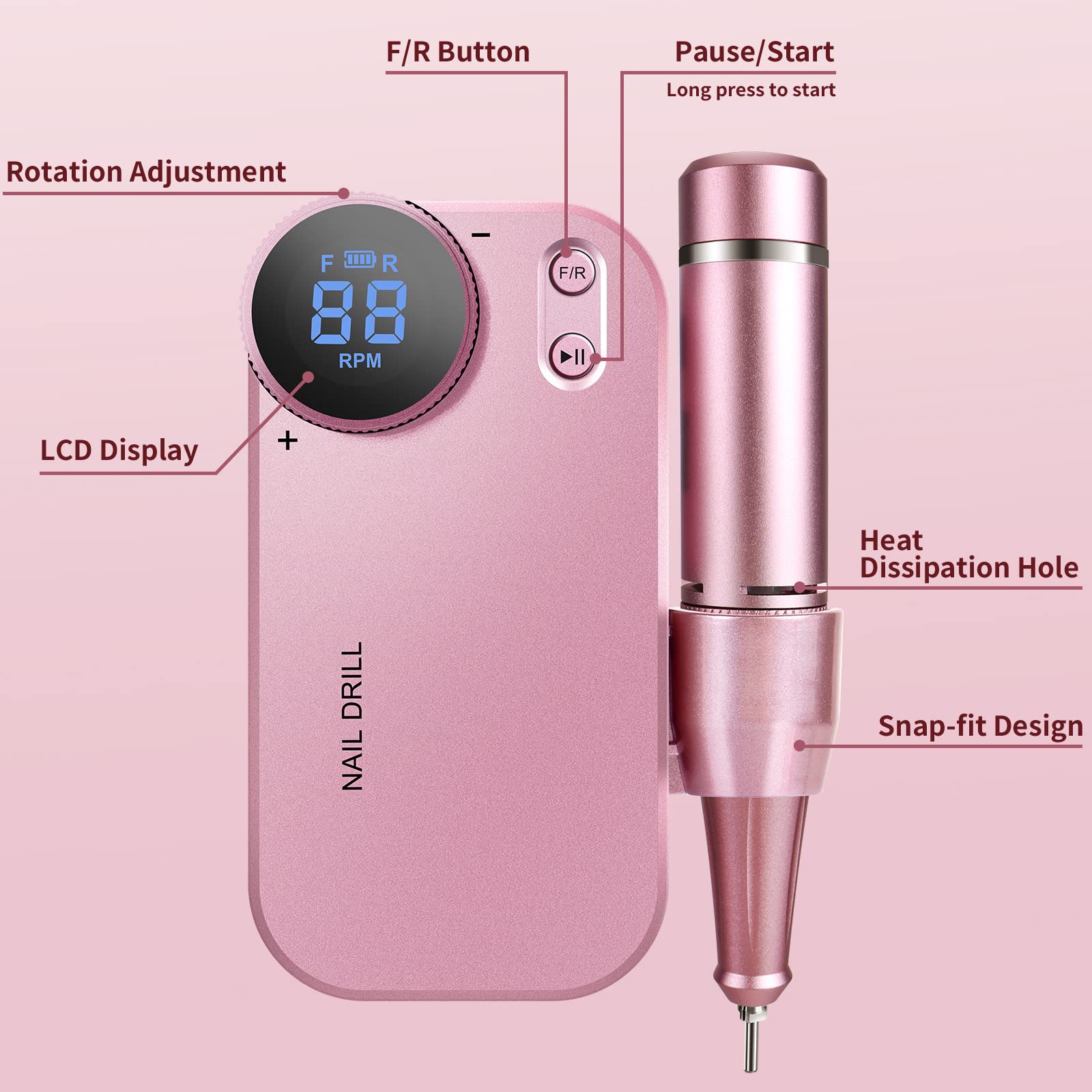 Portable Nail Drill Kit,35000RPM Electric Nail Drill Machine E File with Bits and Sanding Bands for Acrylic Gel Nails Polishing,Professional 4500mAh Rechargeable Nail Drill for Manicure Salon Home