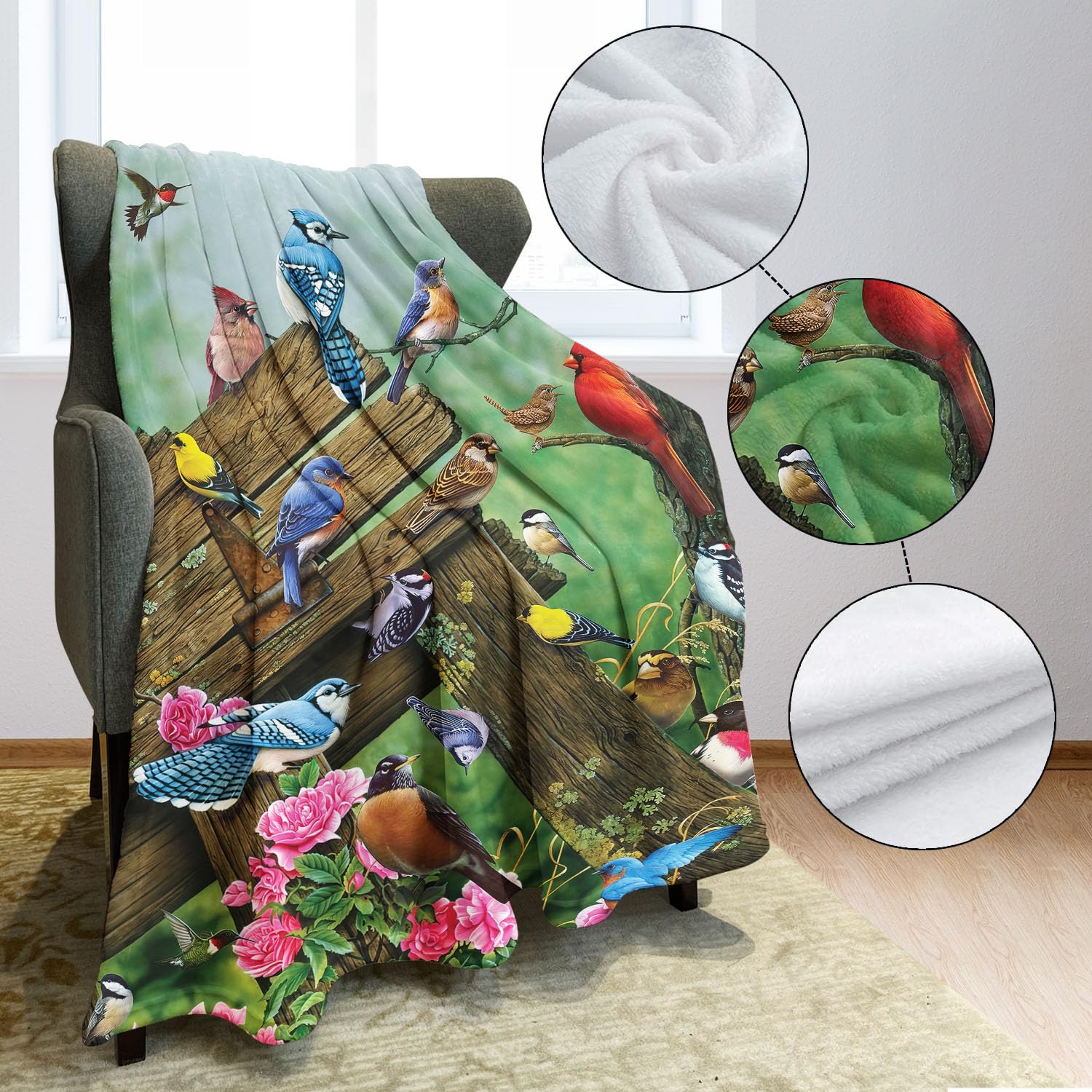 KLRIGR Soft Cozy Fleece Throw Blanket for Couch, Birds and Flowers, 50X60 Inches