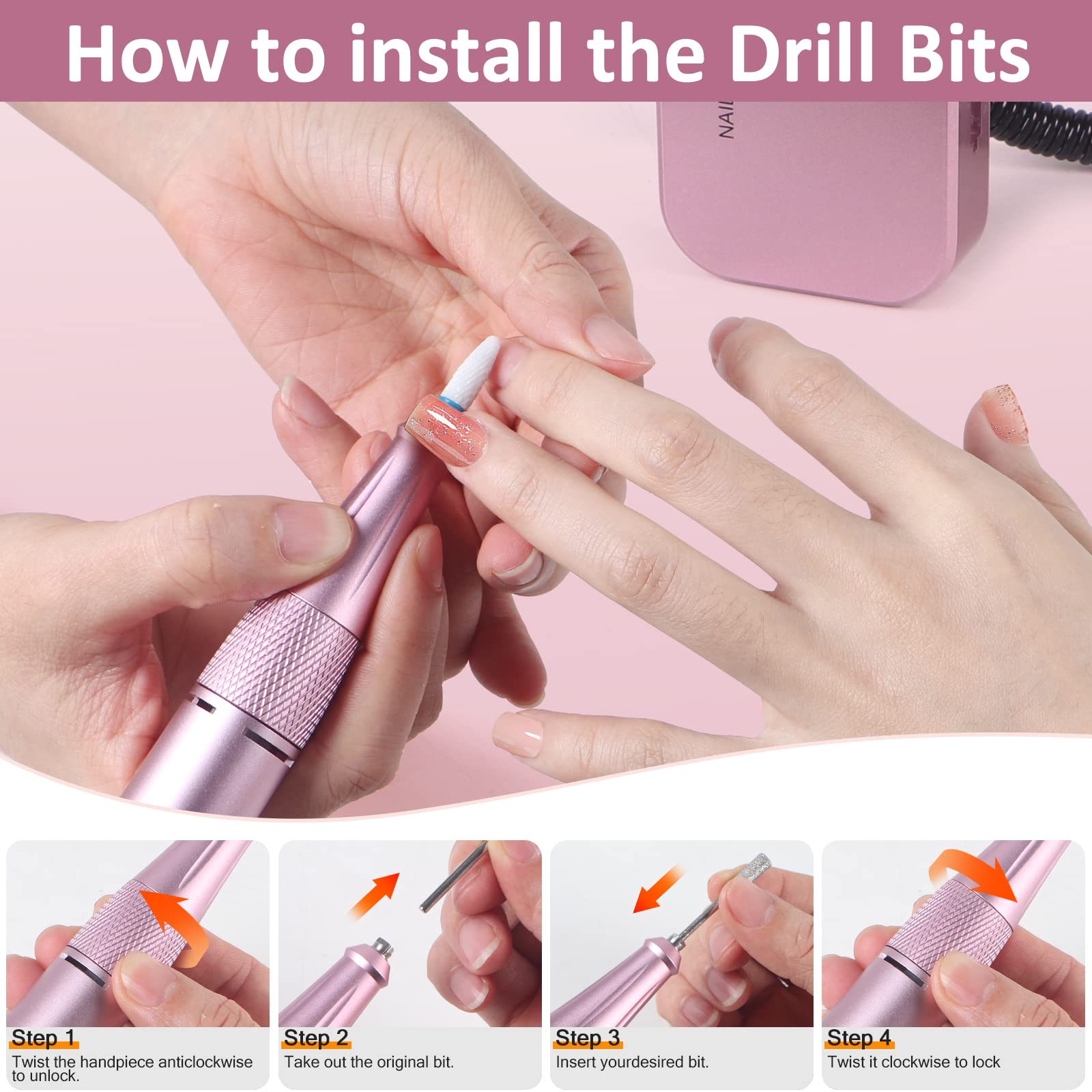 Portable Nail Drill Kit,35000RPM Electric Nail Drill Machine E File with Bits and Sanding Bands for Acrylic Gel Nails Polishing,Professional 4500mAh Rechargeable Nail Drill for Manicure Salon Home